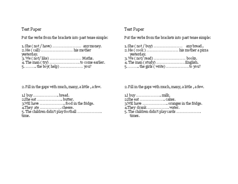 Past Tense and Quantifiers Test Paper | PDF