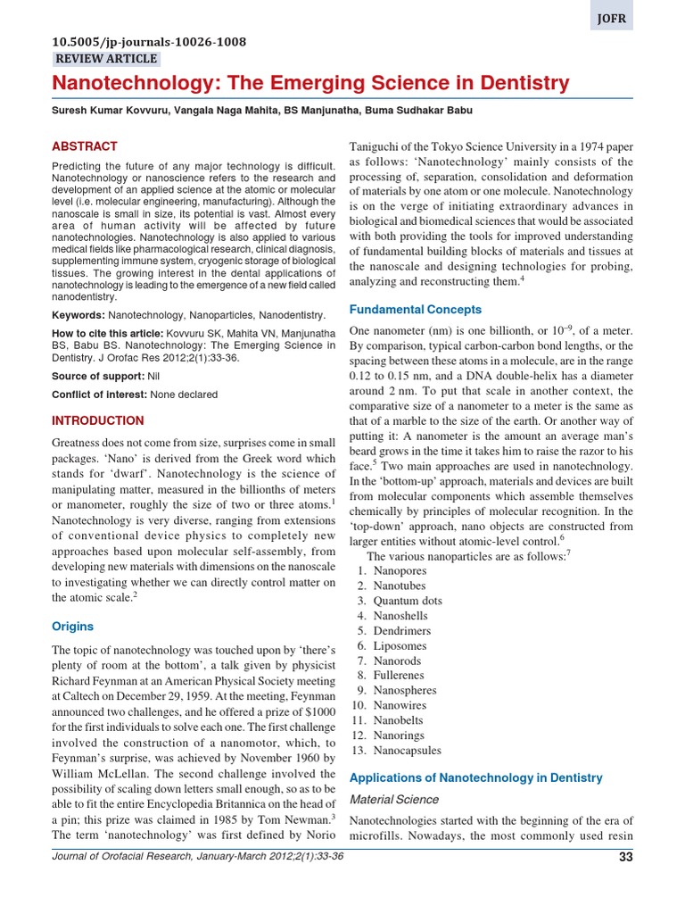 Nanotechnology: The Emerging Science in Dentistry: Fundamental Concepts | PDF | Nanotechnology ...