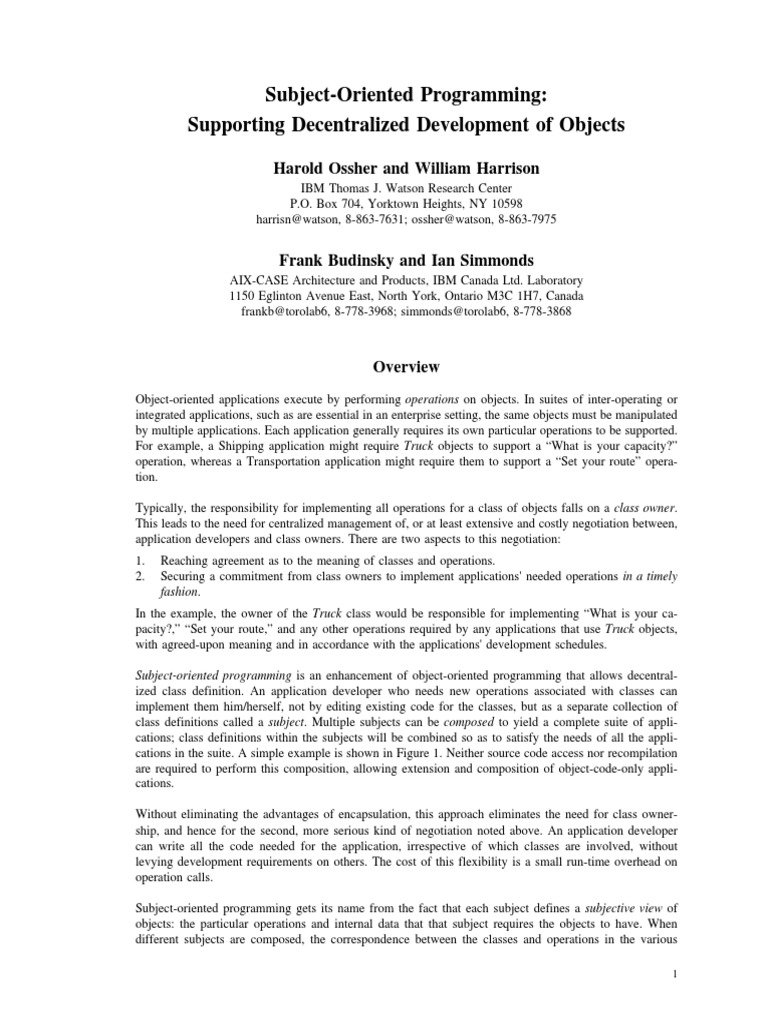 Ossher - Subject-Oriented Programming Supporting Decentralized Development of Objects | PDF ...