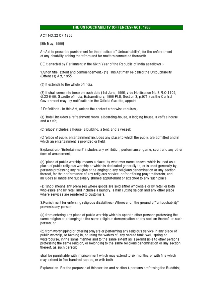 The Untouchability - Offences - Act, 1955 | Download Free PDF | Decree ...