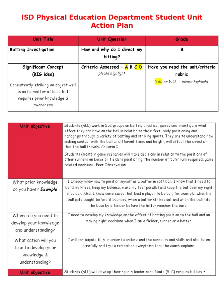 Student Unit Action Plan | PDF | Batting (Baseball) | Physical Education