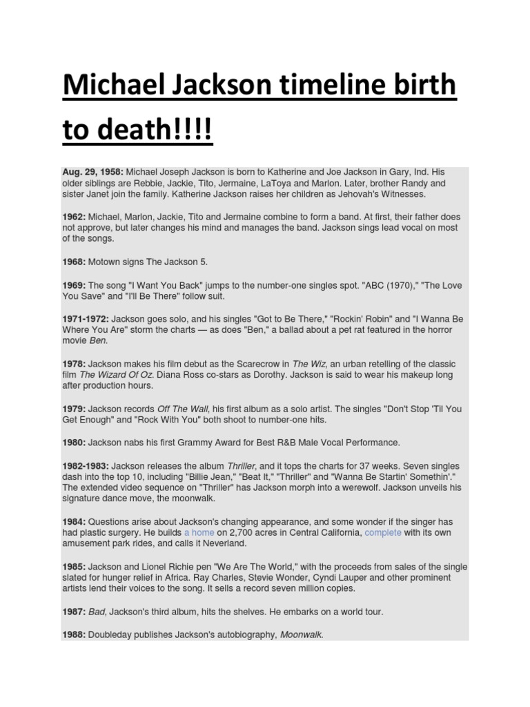 Michael Jackson: Birth to Death Timeline | PDF | Michael Jackson ...