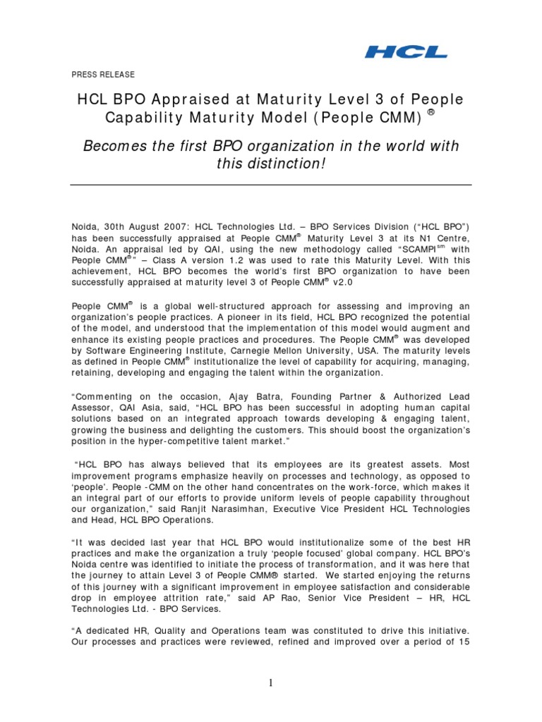 HCL BPO Appraised at Maturity Level 3 of People Capability Maturity ...