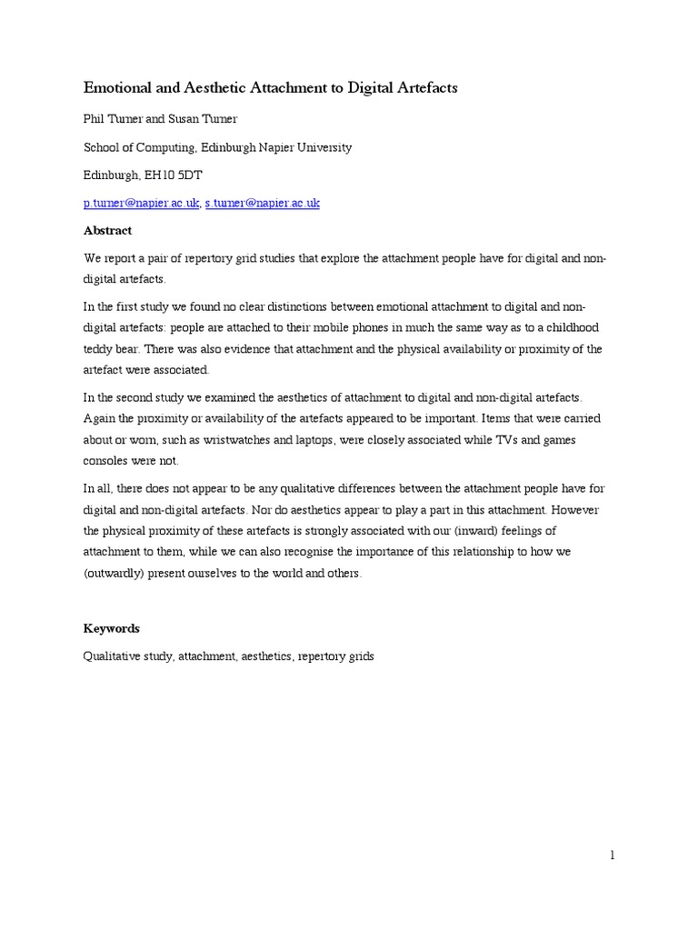 Emotional and Aesthetic Attachment To Digital Artefacts | PDF ...