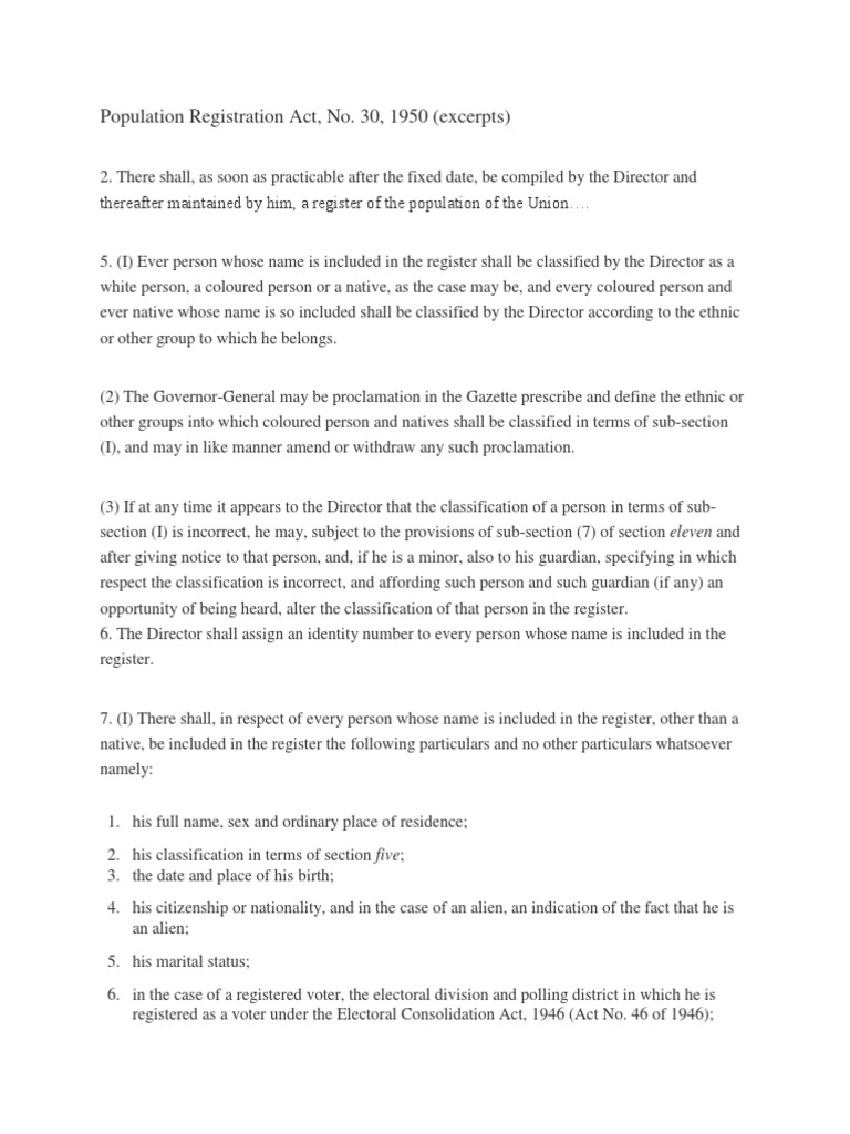 Population Registration Act | PDF | Voter Registration | Nationality