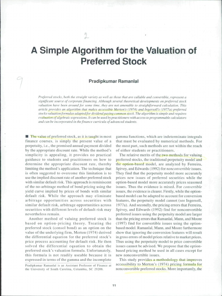 A Simple Algorithm For The Valuation of Preferred Stock | PDF | Stocks ...