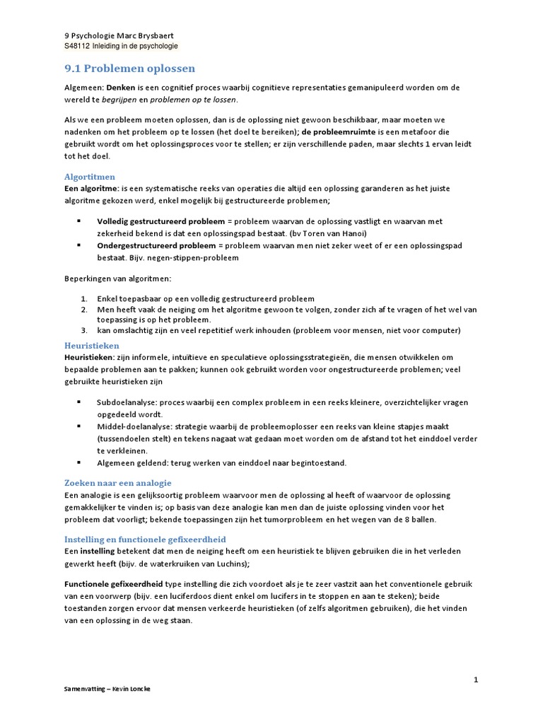 9 Algemene Inleiding Psychologie I | PDF