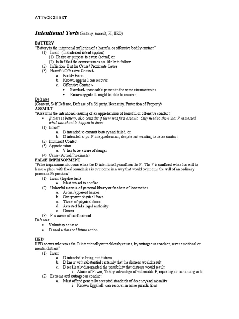 Torts Attack Sheet | PDF | Assault | Tort