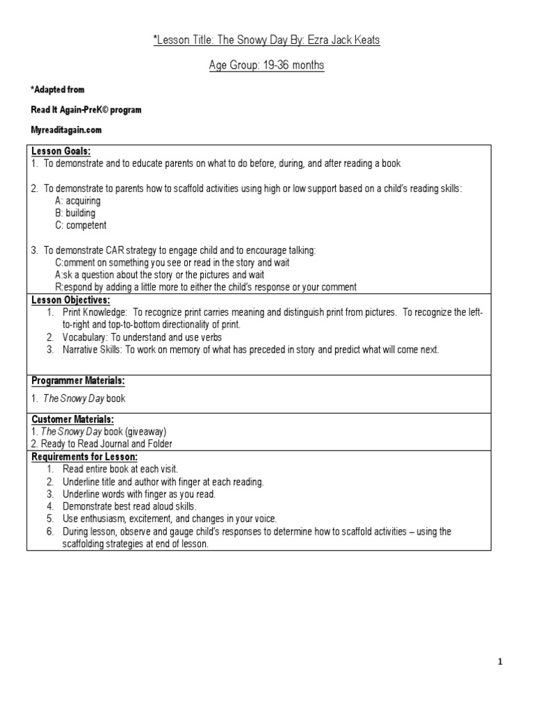 The Snowy Day - Lesson Plan Edited | PDF | Reading (Process) | Vocabulary