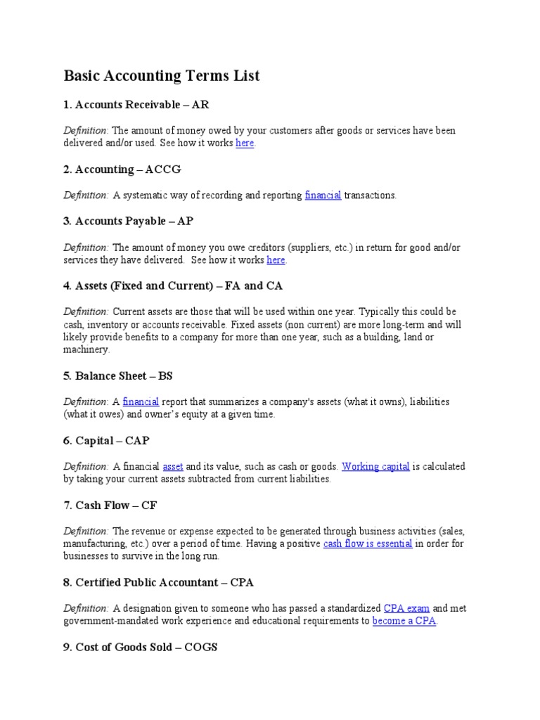 Basic Accounting Terms List | PDF | Debits And Credits | Financial Accounting