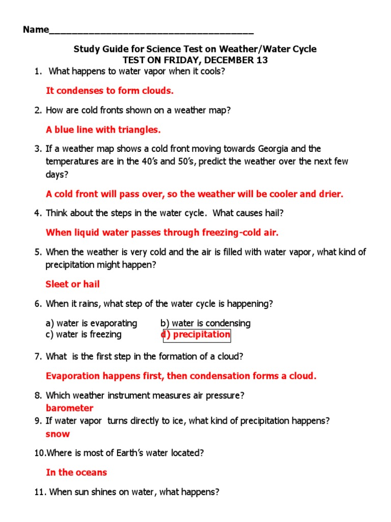 Weather Water Cycle Study Guide With Answers