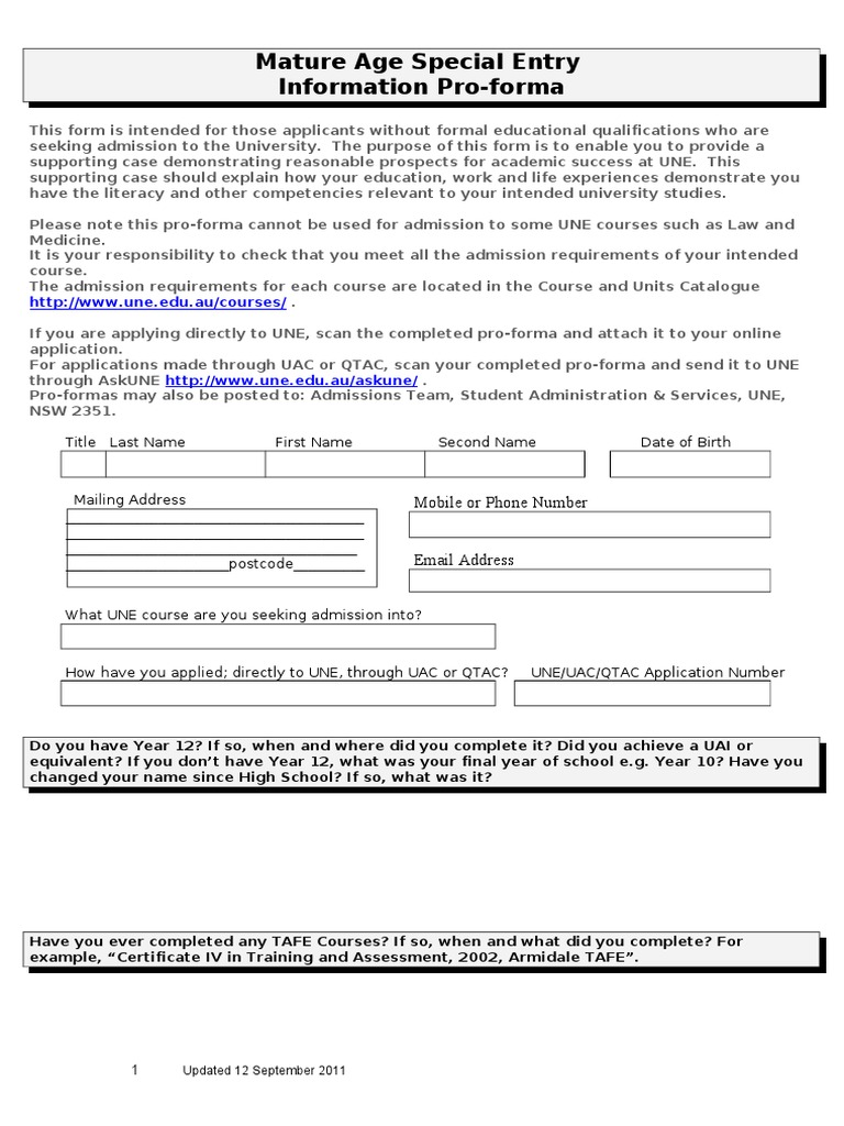 Mature Age Special Entry Information Pro-Forma: Mobile or Phone Number ...
