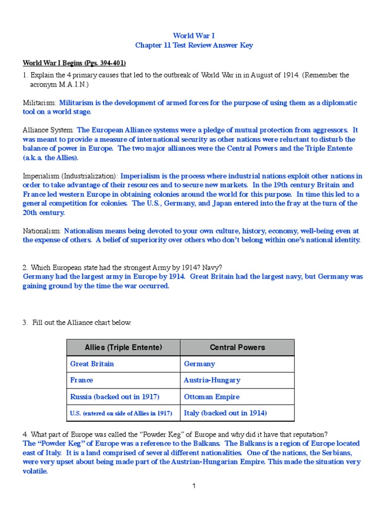 Ch. 11 World War I Test Review Answer Key | PDF | Treaty Of Versailles ...