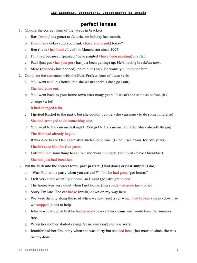 Perfect Tenses Exercises for Students | PDF