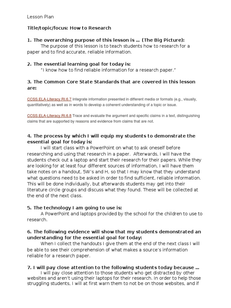 Research Skills Lesson Plan | PDF