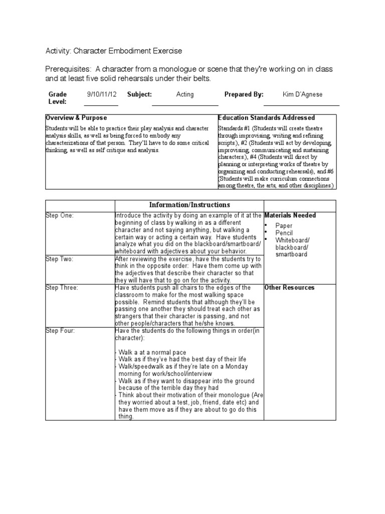 Character Embodiment Lesson Plan | Download Free PDF | Embodied ...