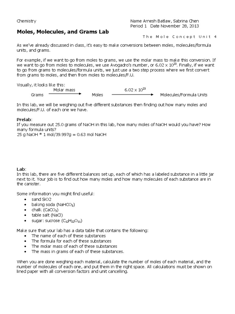Moles, Molecules, and Grams Lab Guide | PDF | Mole (Unit) | Physical ...