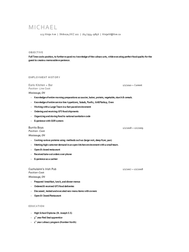 Culinary Resume for Line Cook Position | PDF