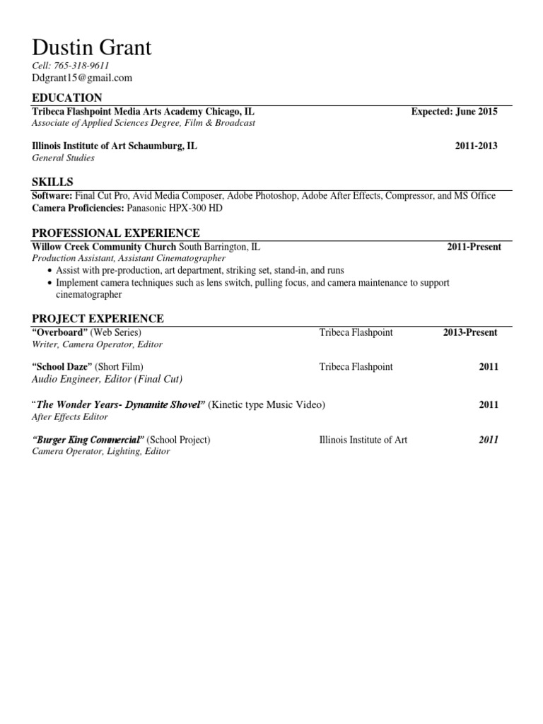 Film & Broadcast Resume of Dustin Grant | PDF