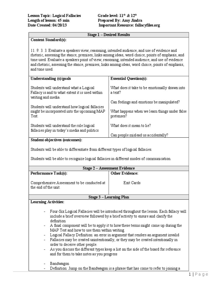 Logical Fallacies Lesson Plan | PDF | Fallacy | Argument