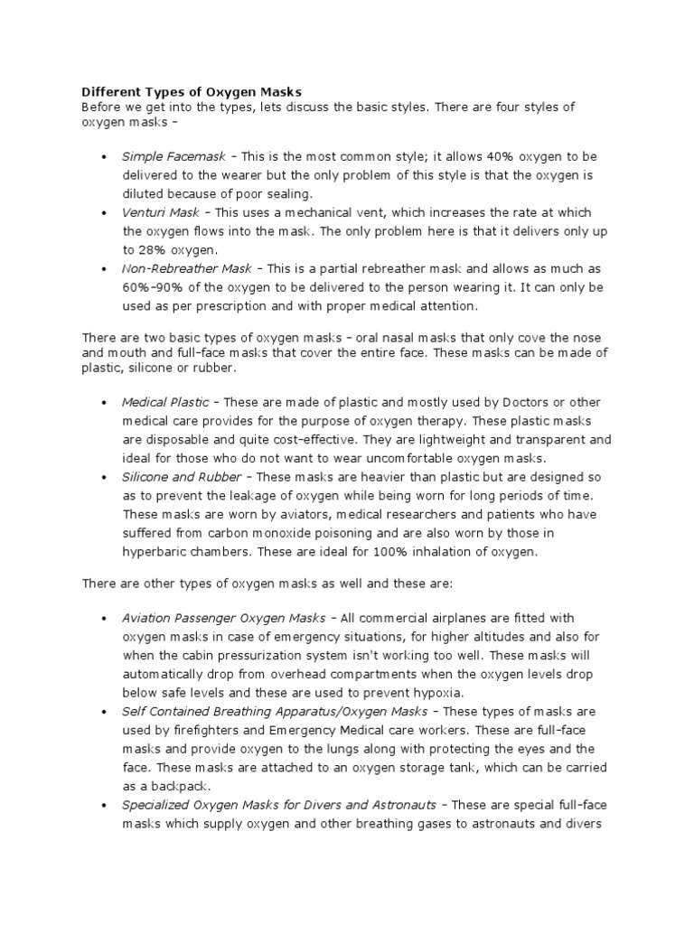 Different Types of Oxygen Masks | PDF