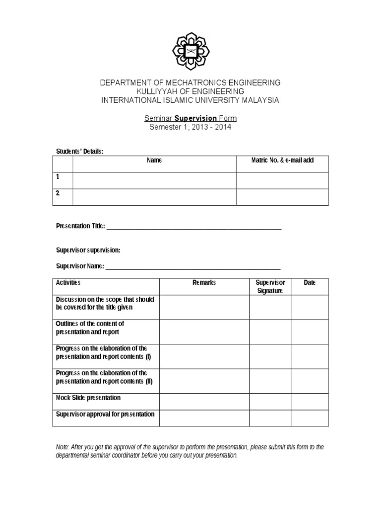 Mechatronics Seminar Supervision Form | PDF | Career & Growth