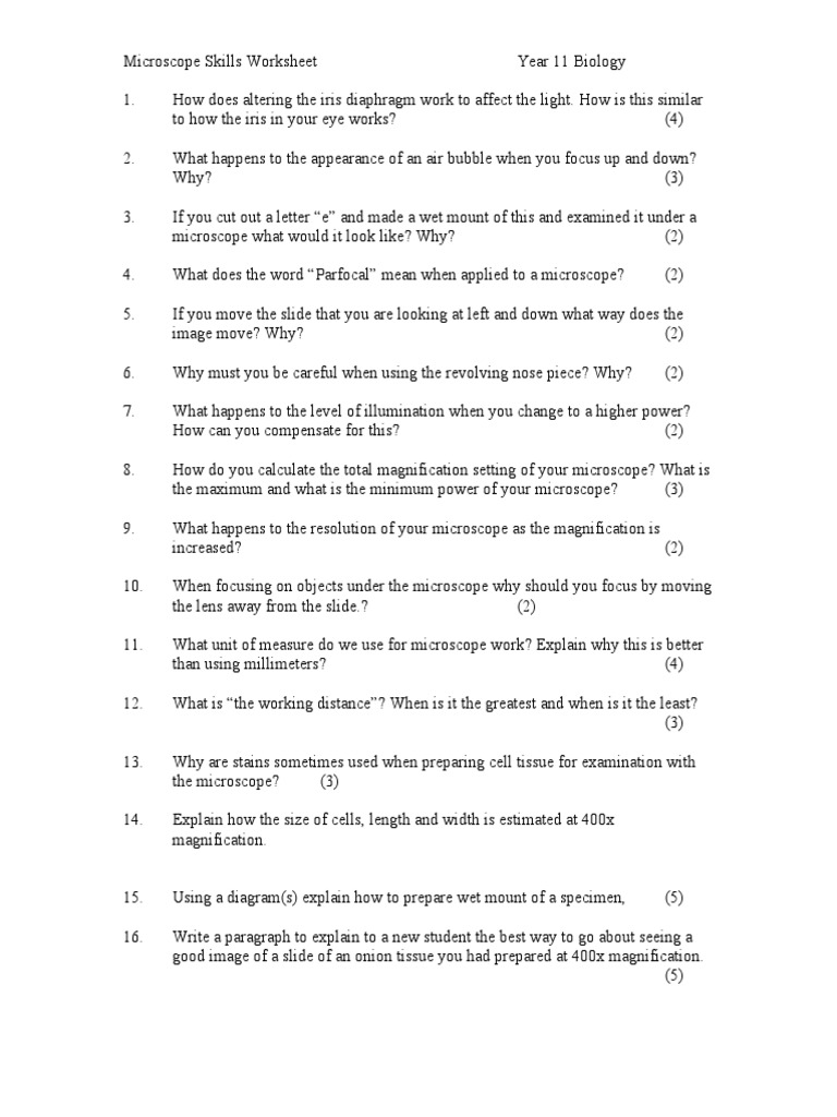 Microscope Skills Year 11 Worksheet | PDF | Teaching Methods ...