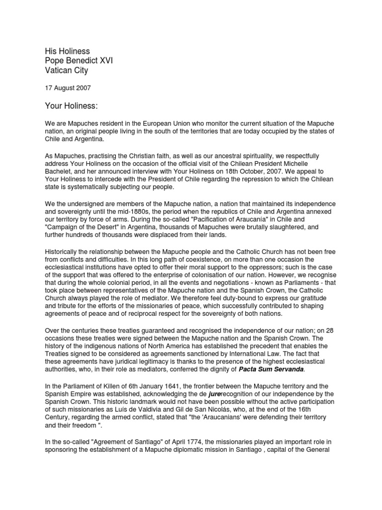 A Letter To Pope Benedict The XVI | PDF | Chile | Human Rights