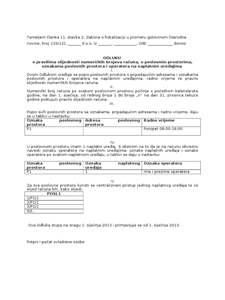 Interni Akt Fiskalizacije | PDF