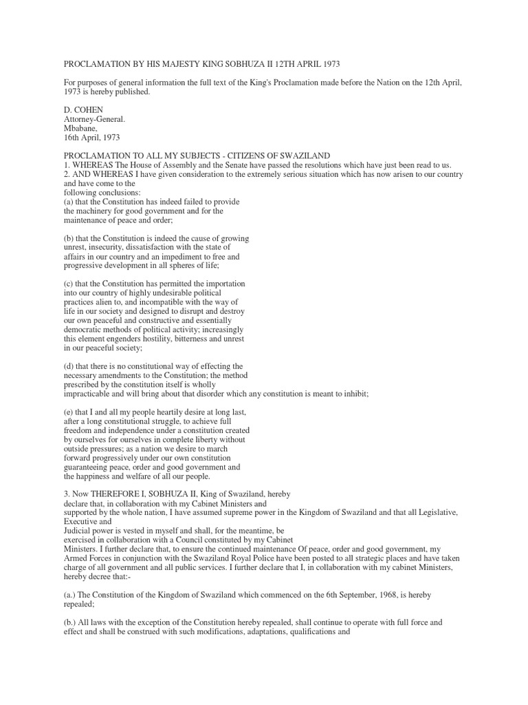 King Sobhuza II of Swaziland 1973 Proclamation | PDF | Government ... King Sobhuza II of Swaziland 1973 Proclamation | PDF | Government ...