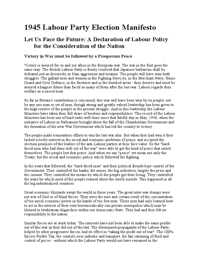 1945 Labour Party Election Manifesto | PDF | Labour Party (Uk) | Monopoly