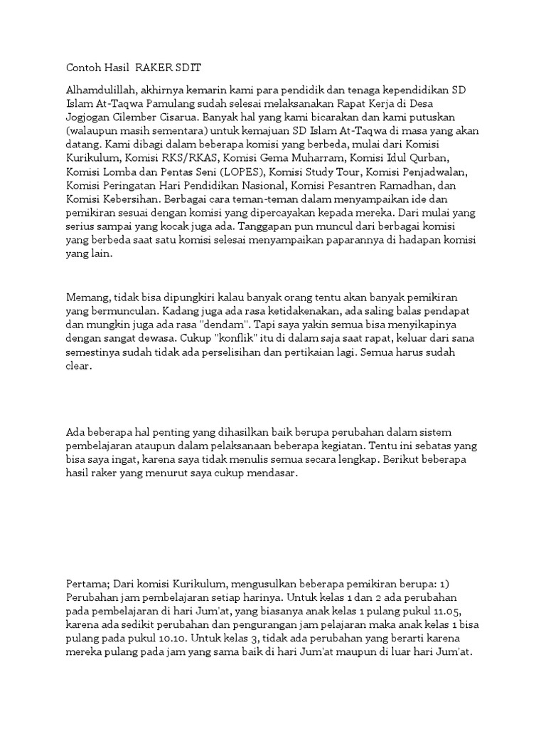 Contoh Hasil Raker Sdit | PDF
