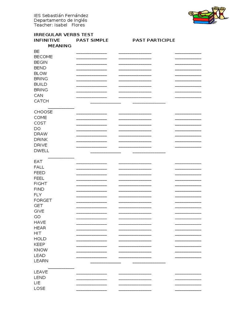 Irregular Verbs Test Sheet | PDF | Language Arts & Discipline | Self ...