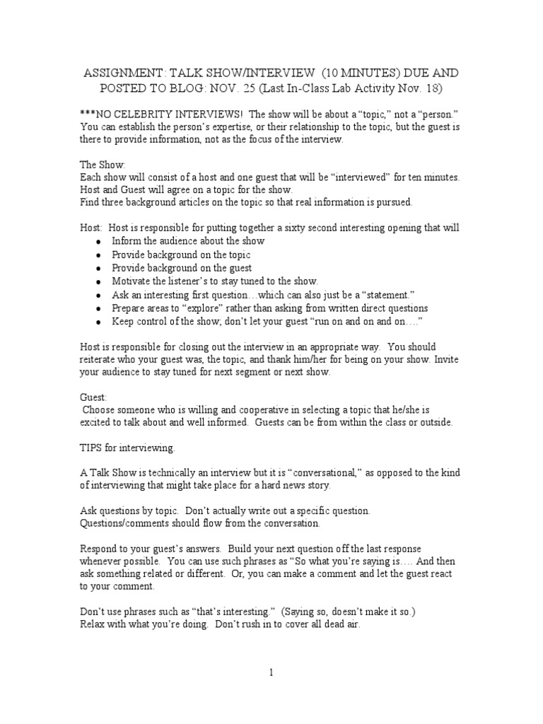 Assignment: Talk Show/Interview (10 Minutes) Due and POSTED TO BLOG ...