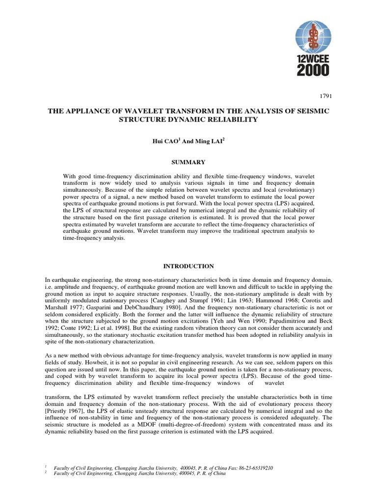 The Appliance of Wavelet Transform in The Analysis of Seismic Structure Dynamic Reliability ...