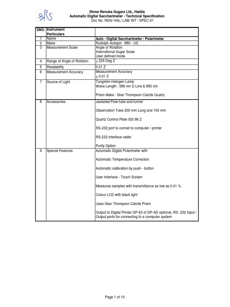 Labequipment Specification Set 1 | Equipment | Applied And ...