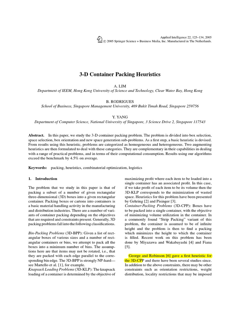3d Container Packing Heuristic Pdf Matrix Mathematics Computational Complexity Theory 3405