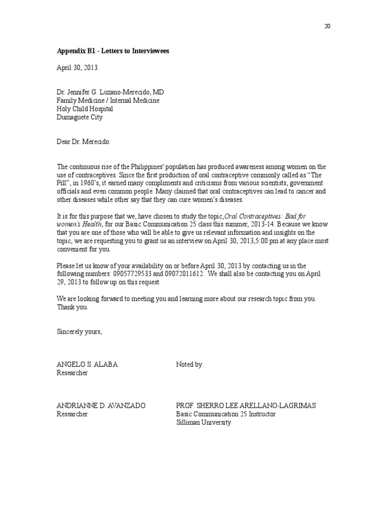 Appendix B1 - Letters To Interviewees | PDF | Wellness | Medical