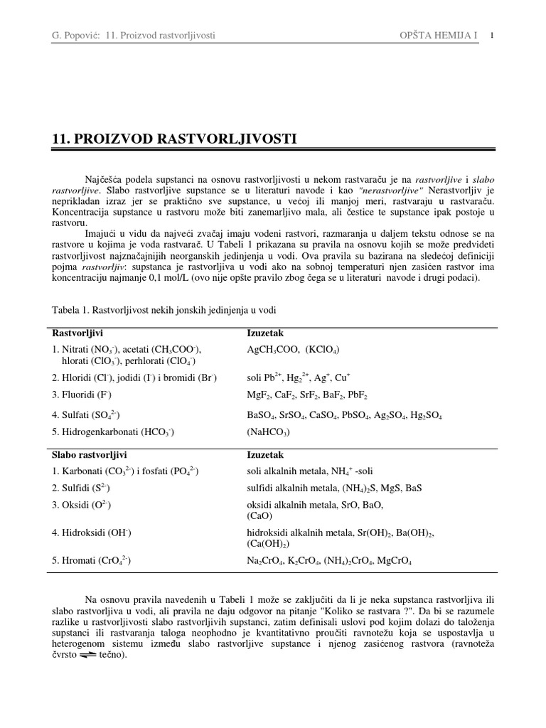 Opsta Hemija I - Proizvod Rastvorljivosti | PDF