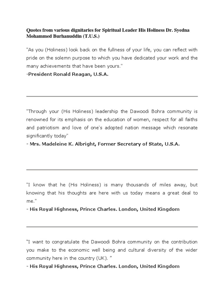 Quotes From Various Dignitaries For Spiritual Leader | PDF | Abrahamic ...