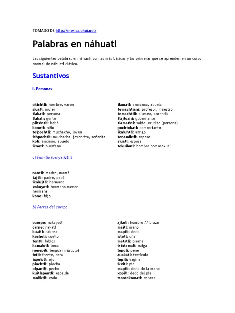 Palabras y significados en náhuatl | PDF | Náhuatl | Escritura