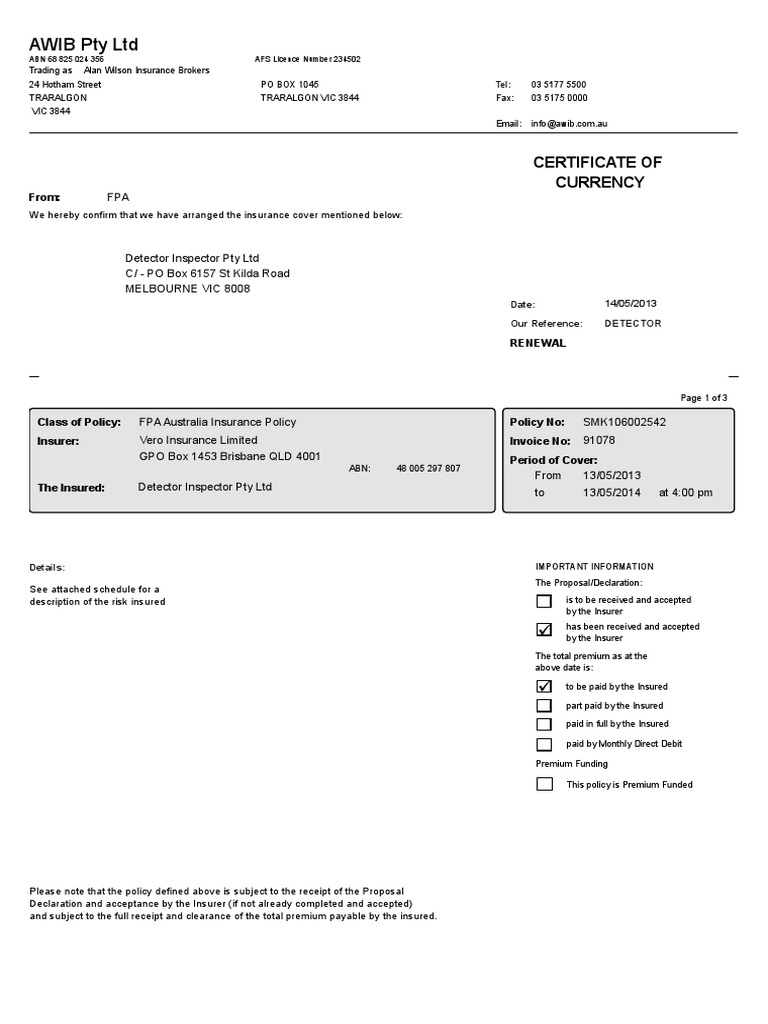 Professional Indemnity Public and Product Liability Certificate of ...
