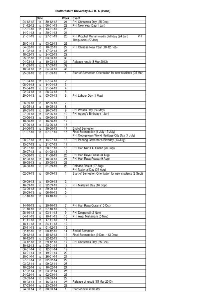 Academic Calendar & Holidays | PDF