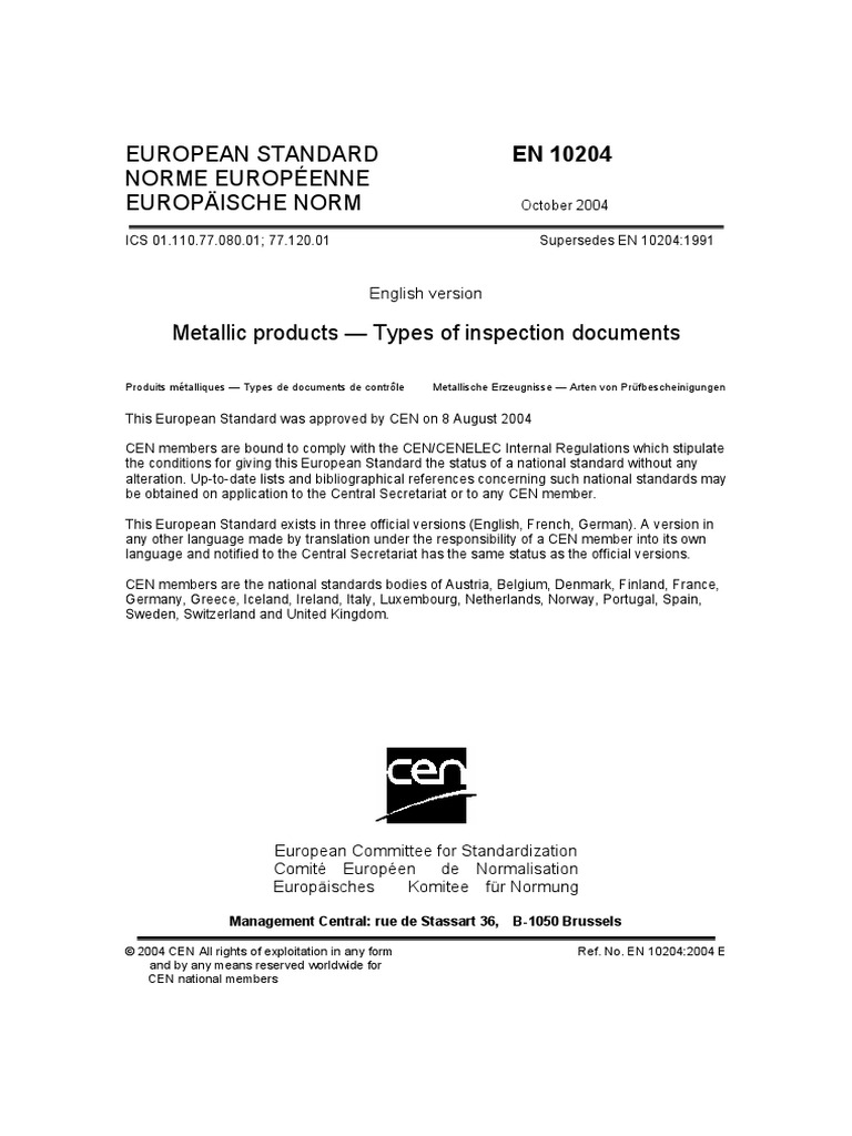 En 10204-2004 Metallic Products - Types of Inspection Documents | PDF | Specification (Technical ...
