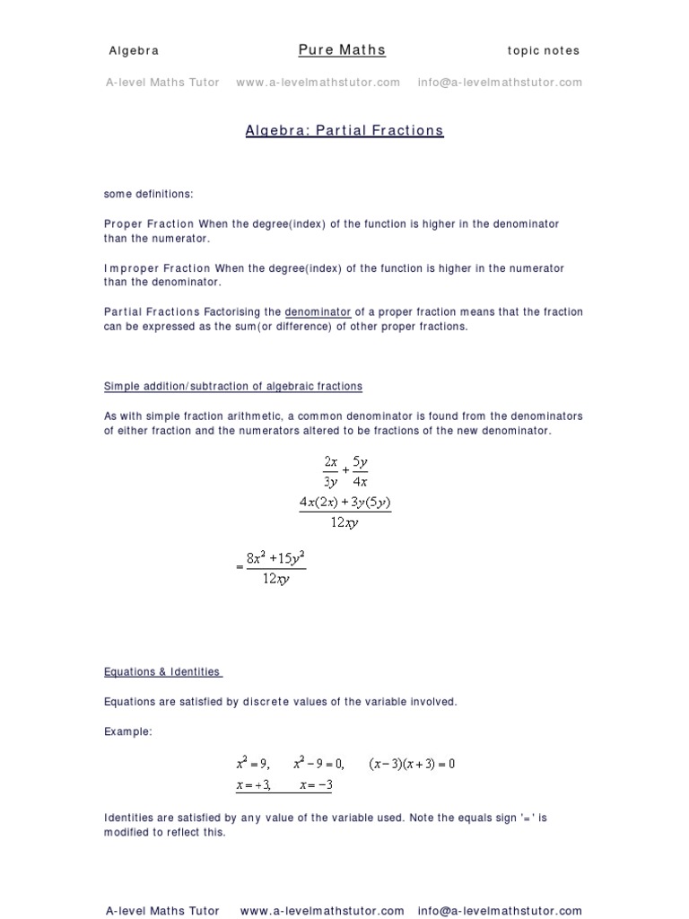 Partial Fractions,algebra revision notes from A-level maths Tutor ...
