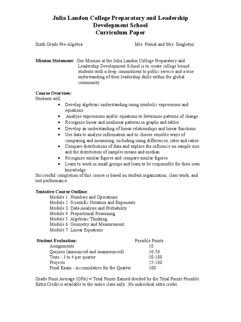 Sixth Grade Pre-Algebra Curriculum Guide | PDF | Equations | Curriculum