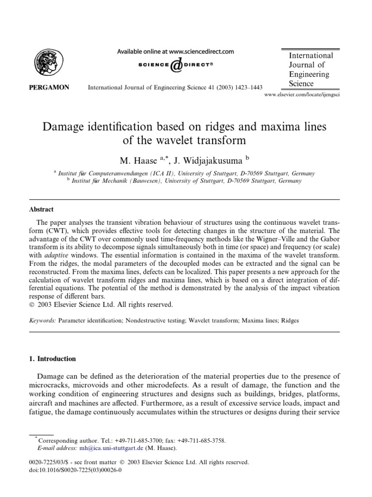 (M.haase Et Al.,2003) Damage Identification Based On Ridges and Maxima Lines of The Wavelet ...