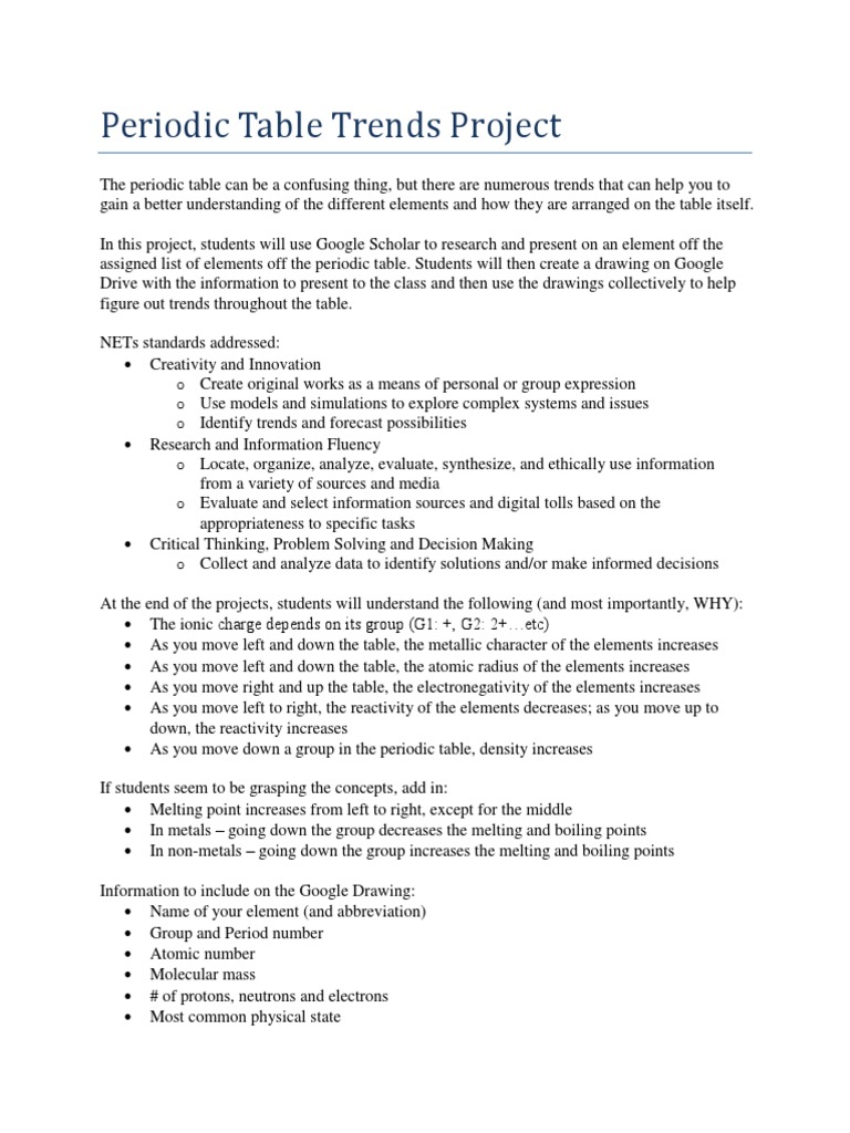 Periodic Table Trends Project Guide | PDF | Chemical Elements ...