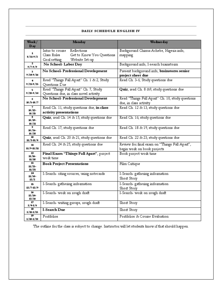 English IV Daily Schedule Overview | PDF | Learning | Behavior Modification