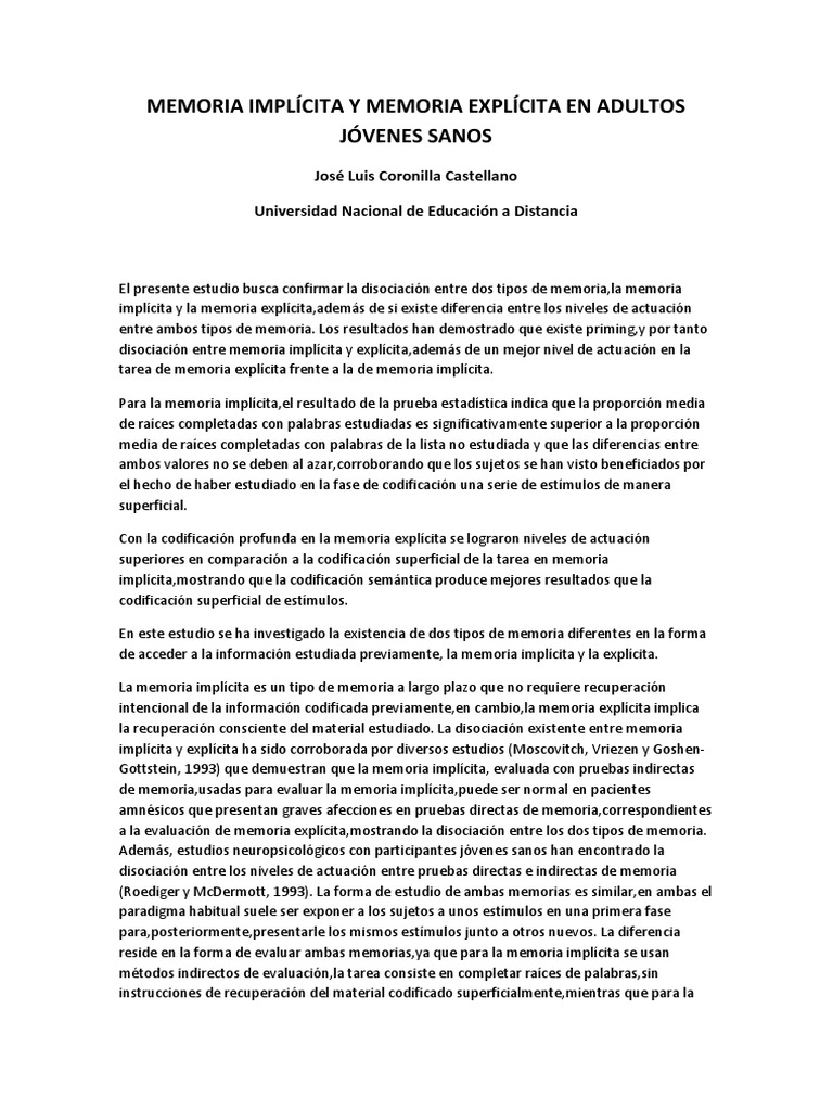 Disociación entre Memoria Implícita y Explícita | PDF | Neurociencia ...